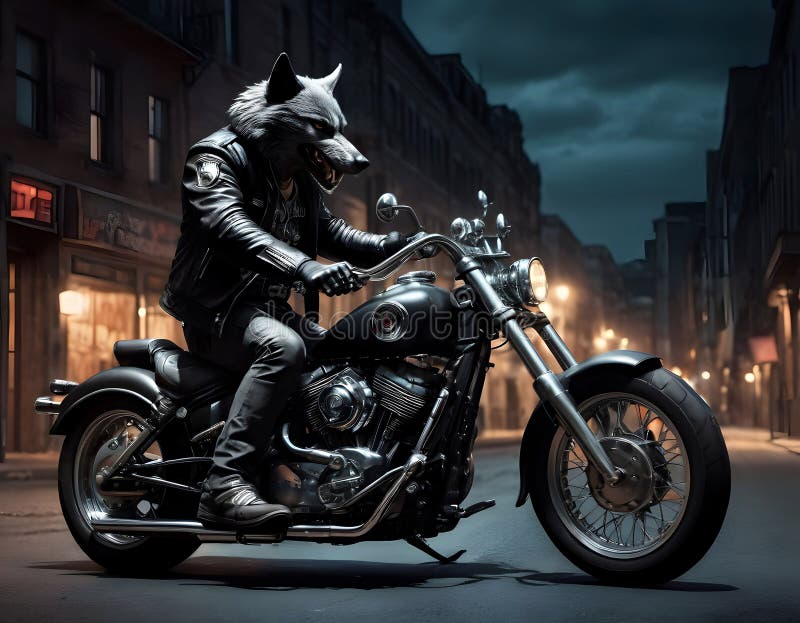 A Wolf in a Leather Jacket on a Motorcycle in the Night. Artificial ...