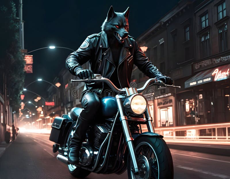 A Wolf in a Leather Jacket on a Motorcycle in the Night. Artificial ...