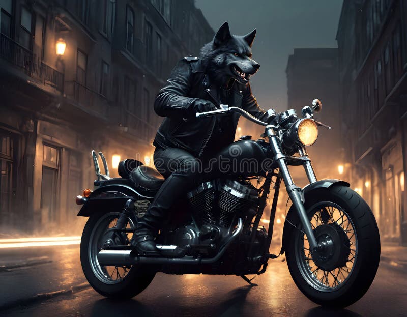 A Wolf in a Leather Jacket on a Motorcycle in the Night. Artificial ...