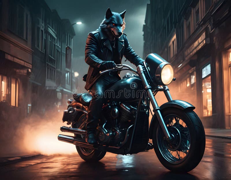 A Wolf in a Leather Jacket on a Motorcycle in the Night. Artificial ...