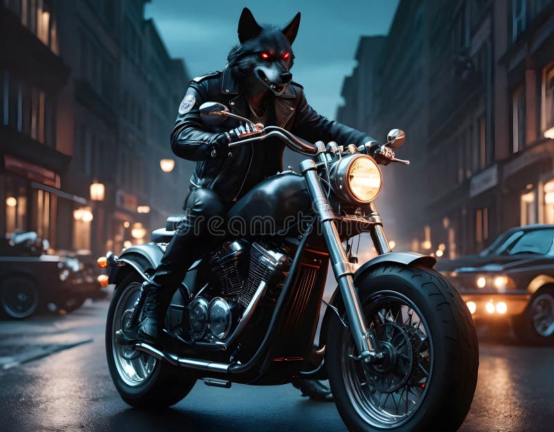 A Wolf in a Leather Jacket on a Motorcycle in the Night. Artificial ...