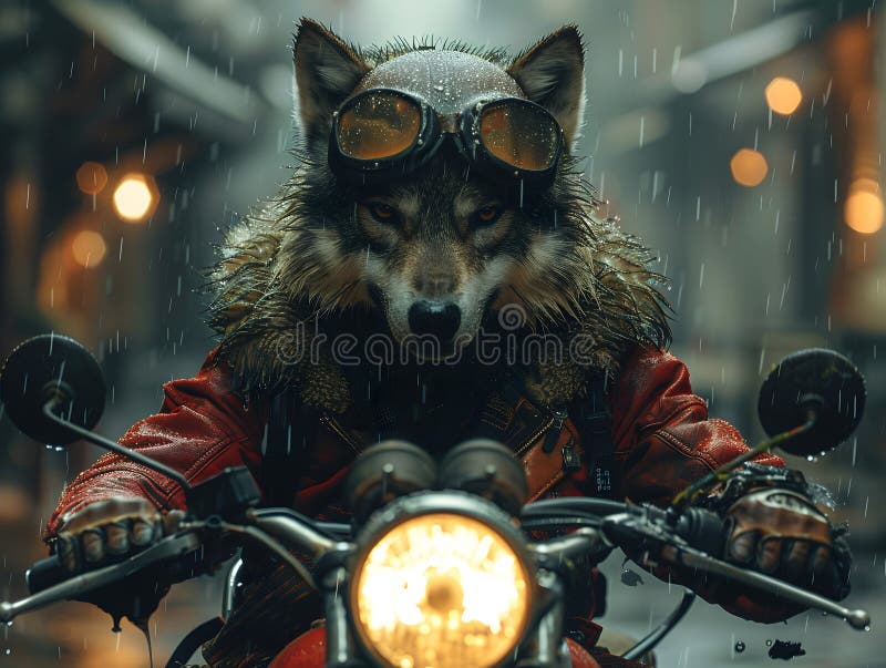 A Wolf in a Leather Jacket on a Motorcycle in the Night. Artificial ...