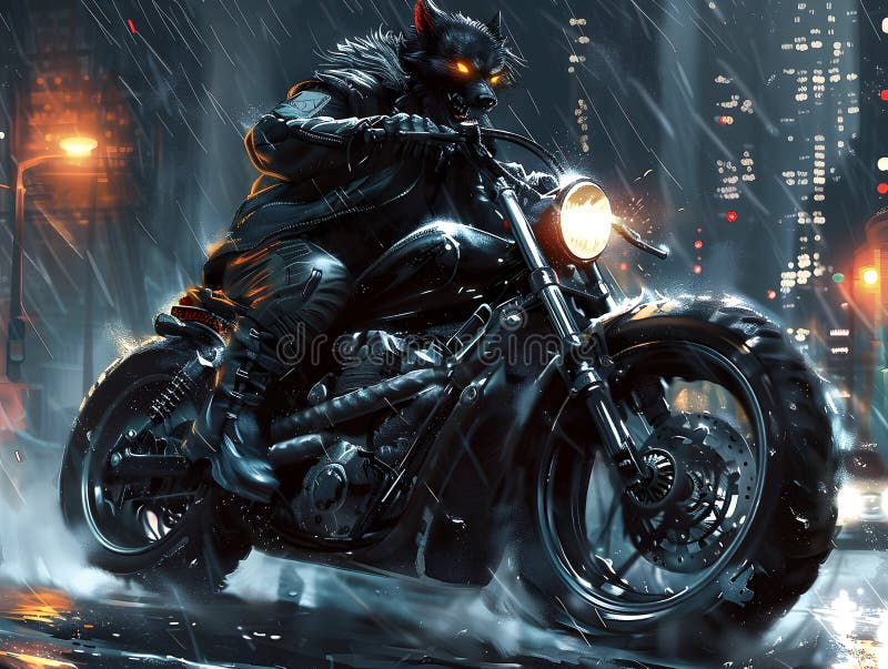 A Wolf in a Leather Jacket on a Motorcycle in the Night. Artificial ...