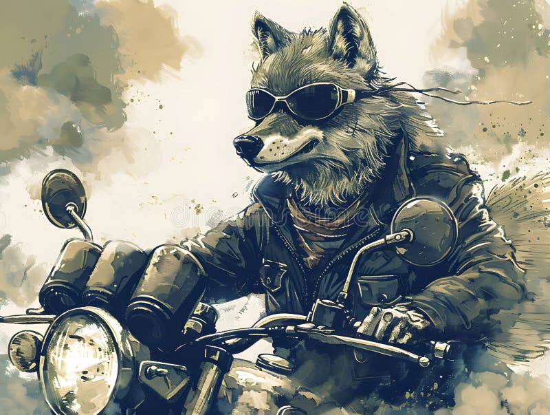 A Wolf in a Leather Jacket on a Motorcycle in the Night. Artificial ...