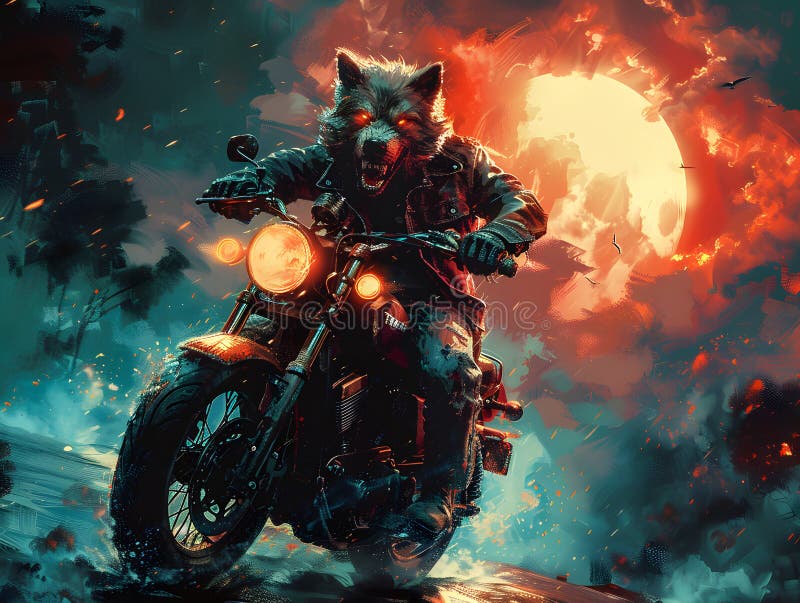 A Wolf in a Leather Jacket on a Motorcycle in the Night. Artificial ...