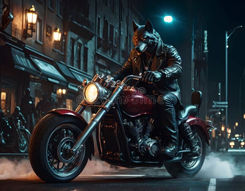 A Wolf in a Leather Jacket on a Motorcycle in the Night. Artificial ...