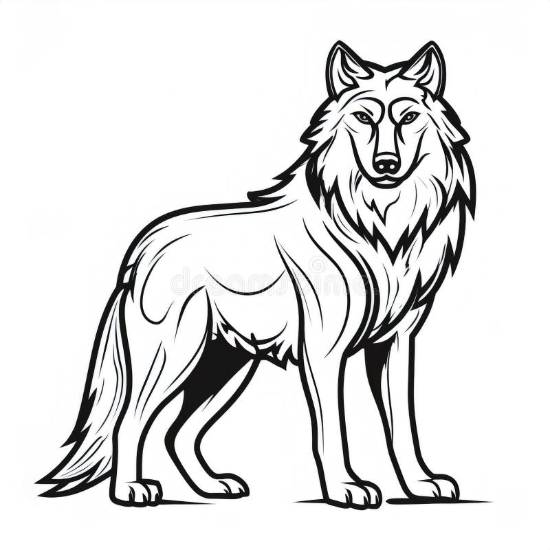 Detailed Line Art of a Standing Wolf with a Confident Posture Stock ...