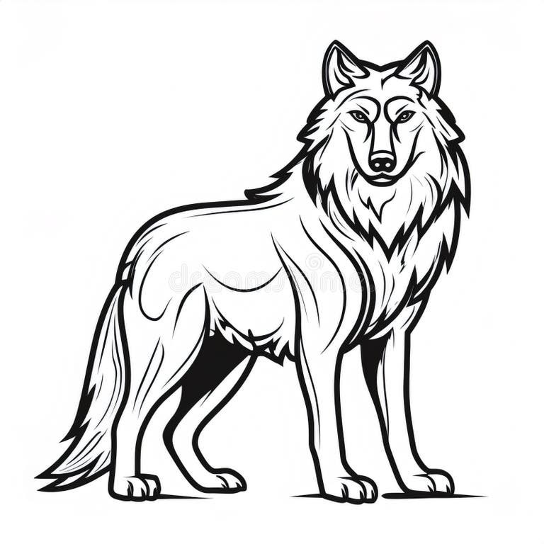 Detailed Line Art of a Standing Wolf with a Confident Posture Stock ...