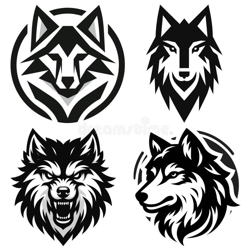 Wolf Logo Set, in Black and White, Vector Illustration, Isolated ...