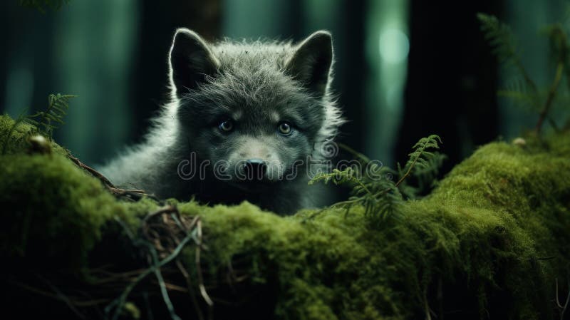A Wolf Looking Out from Behind a Moss Covered Tree, AI Stock Image ...