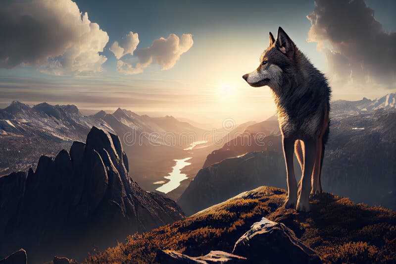 Wolf, Looking Out Over Expansive Mountain Range, with the Sun Shining ...