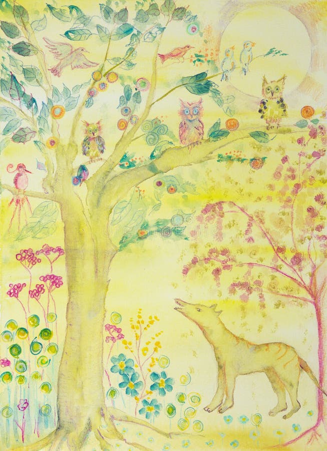 Wolf Looking Up at Safe Tree of Life. Stock Illustration - Illustration ...