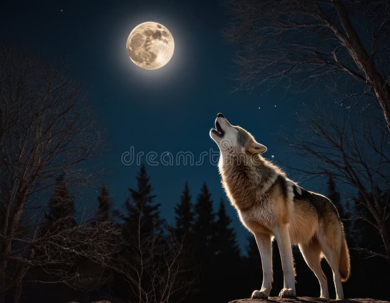 Grey Alpha Wolf during Full Moon Night. Stock Illustration ...