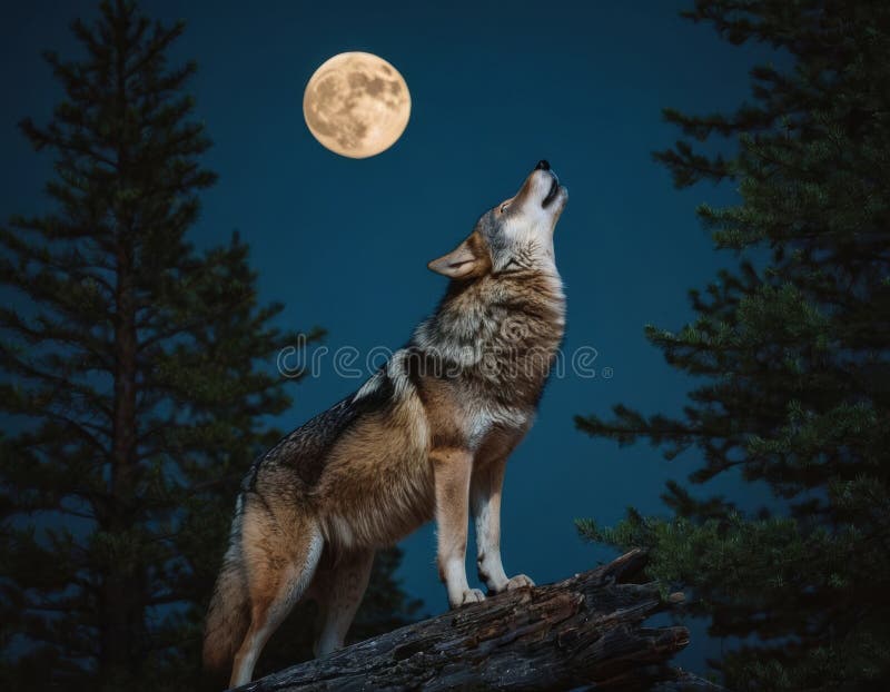 Grey Alpha Wolf during Full Moon Night. Stock Illustration ...