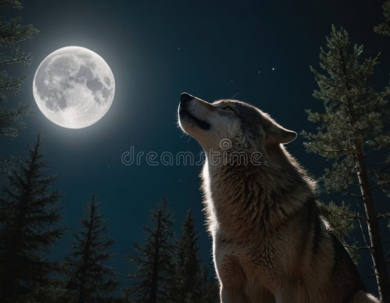 Grey Alpha Wolf during Full Moon Night. Stock Illustration ...