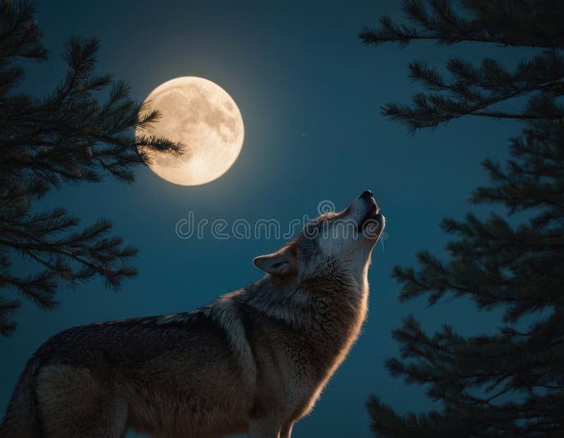 Grey Alpha Wolf during Full Moon Night. Stock Illustration ...