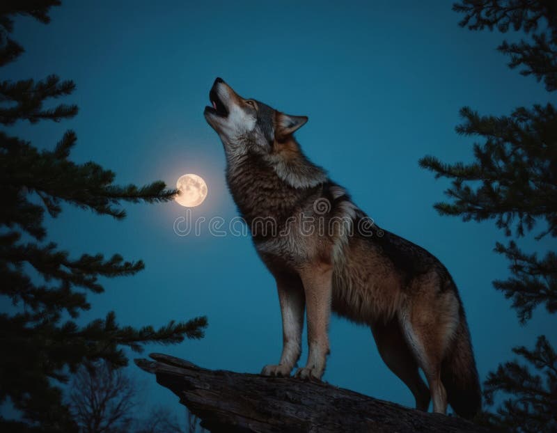 Grey Alpha Wolf during Full Moon Night. Stock Illustration ...