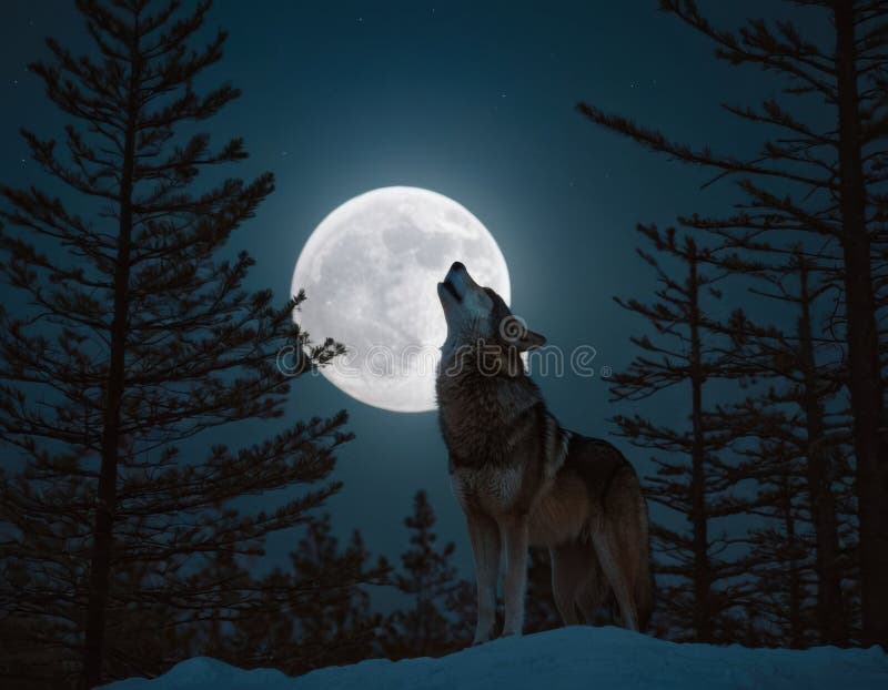 Grey Alpha Wolf during Full Moon Night. Stock Illustration ...