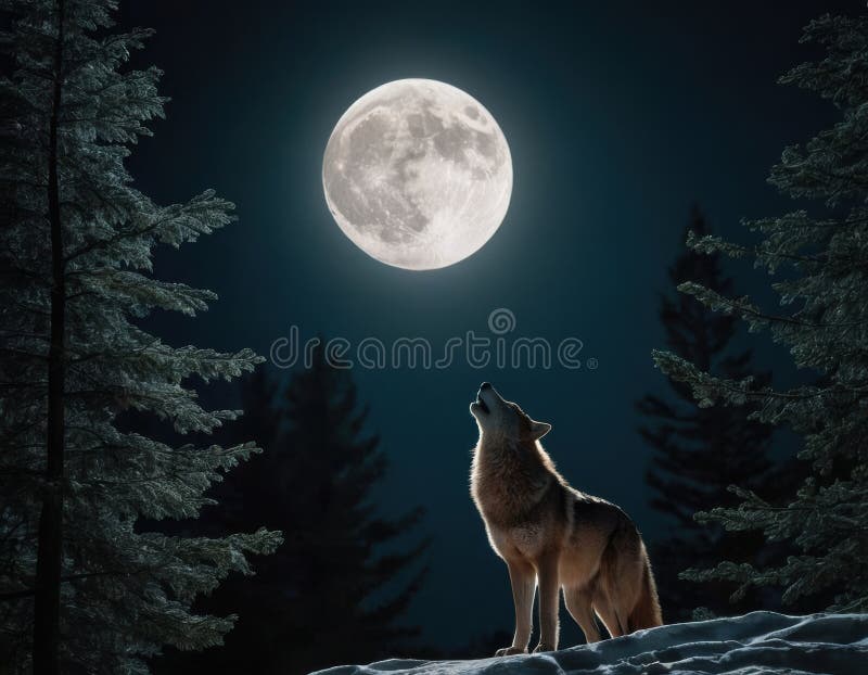 Grey Alpha Wolf during Full Moon Night. Stock Illustration ...