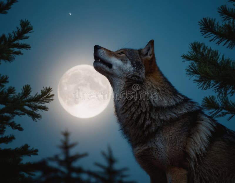 Grey Alpha Wolf during Full Moon Night. Stock Illustration ...