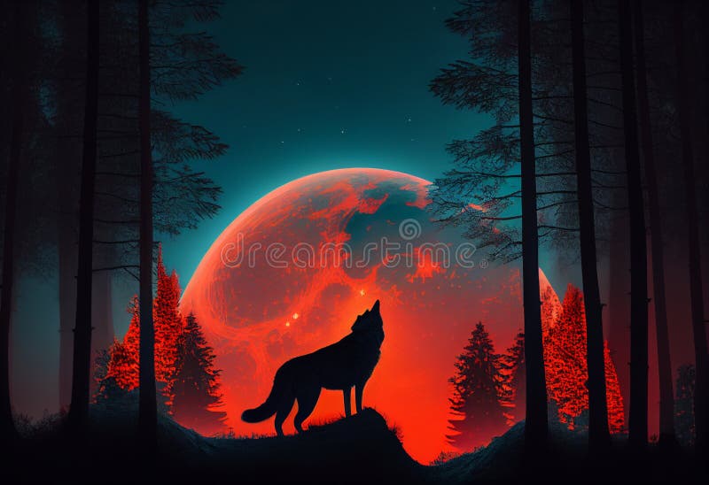 The Wolf Looks Up at the Red Moon. AI Generated Stock Illustration ...