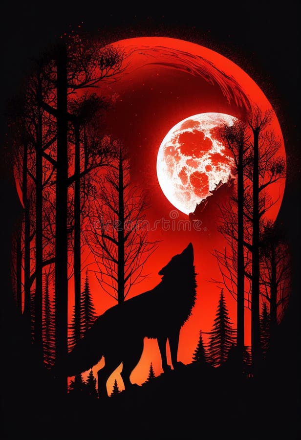 The Wolf Looks Up at the Red Moon. AI Generated Stock Illustration ...