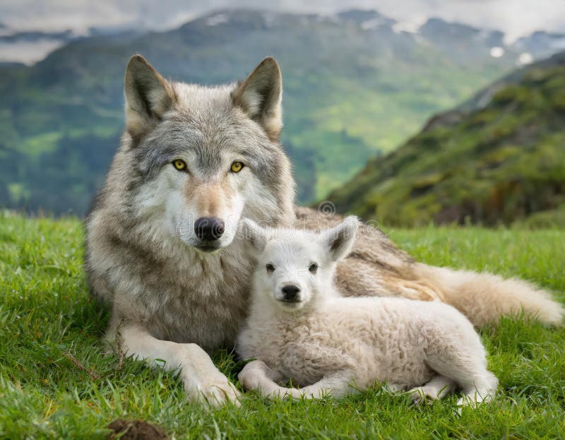 The Wolf Lying with the Lamb. Generated with AI Stock Illustration ...