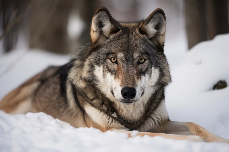 Wolf Lying in the Snow, Its Muzzle Turned Toward the Camera Stock ...