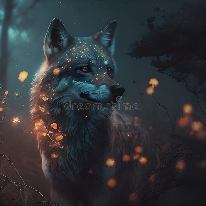 Wolf in a magic forest stock illustration. Illustration of poster ...
