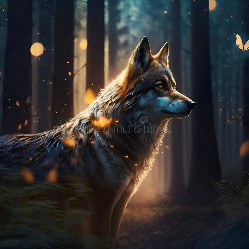 Wolf in a magic forest stock illustration. Illustration of mammal ...