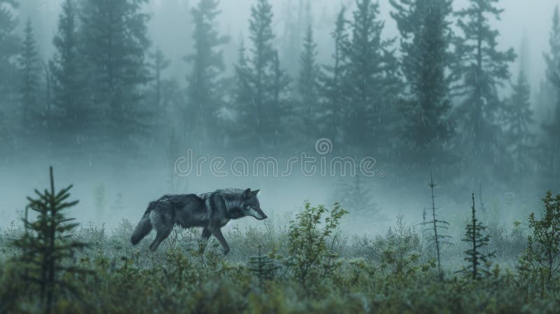 Wolf in Misty Forest Under Rain Stock Illustration - Illustration of ...