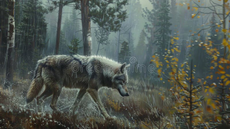 Wolf in Misty Forest Under Rain Stock Illustration - Illustration of ...