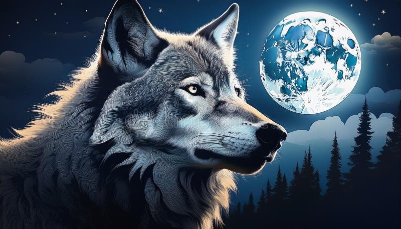 A Wolf with Moon in Night Wallpaper Stock Illustration - Illustration ...