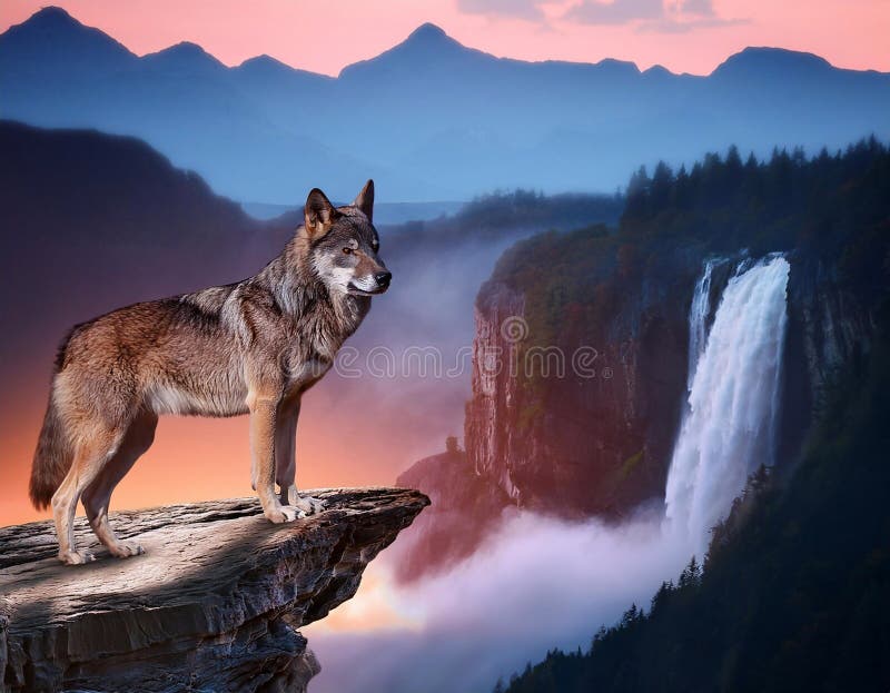 Wolf on the Mountain with Waterfall Stock Illustration - Illustration ...