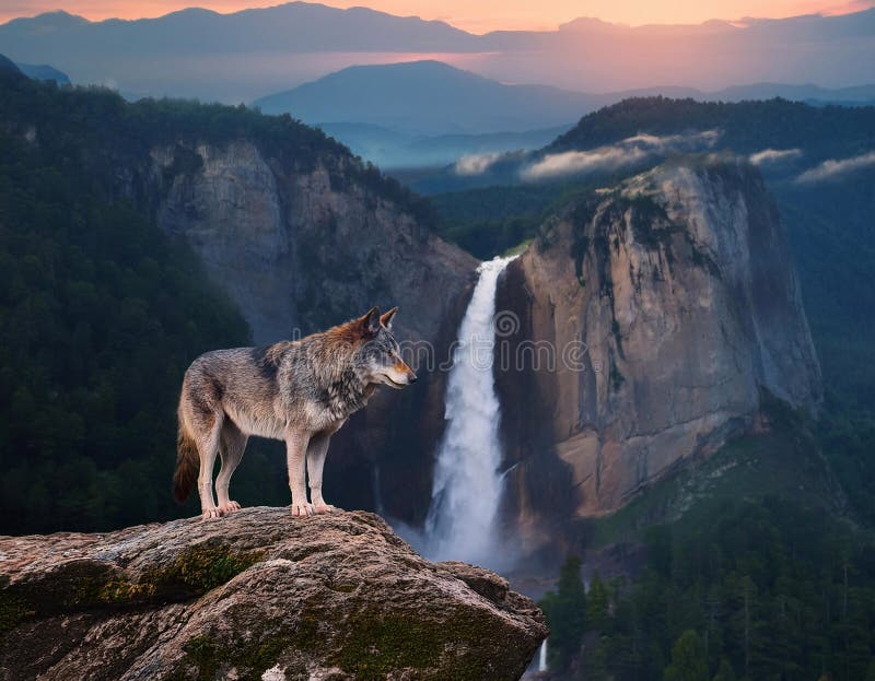 Wolf on the Mountain with Waterfall Stock Illustration - Illustration ...