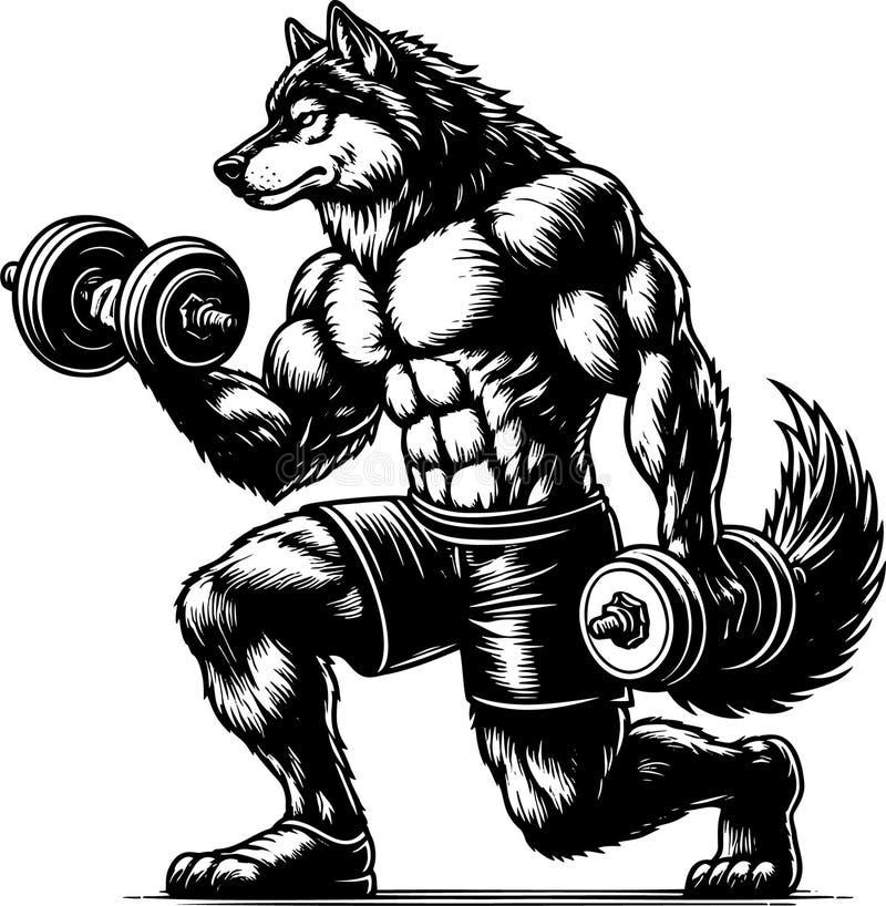 Engraving Wolf Bodybuilder Pumping Muscles with Dumbbells Retro Style ...
