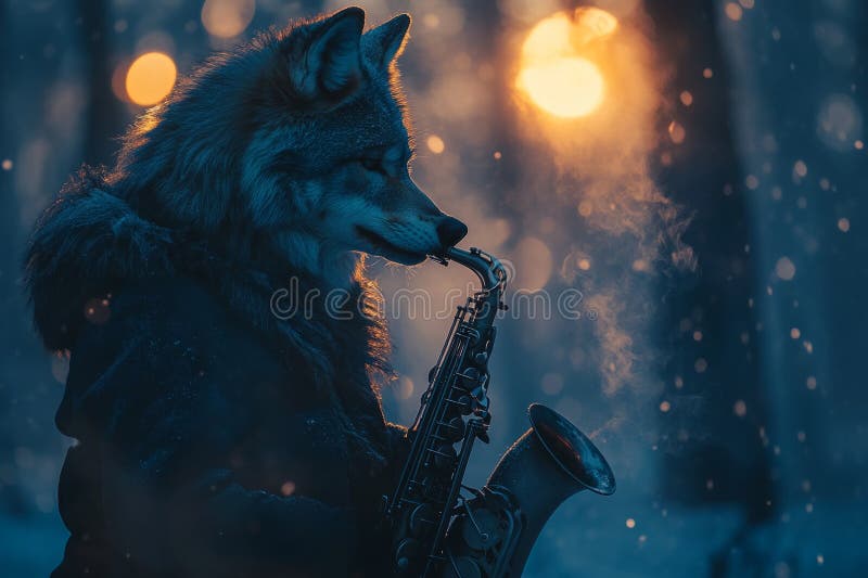 Wolf Musician is Playing Saxophone Under the Full Moon in a Cloudy ...
