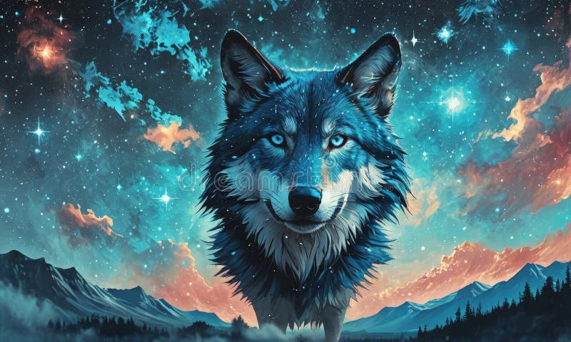 Wolf in the Night Sky with Stars Stock Illustration - Illustration of ...