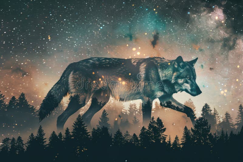 A Wolf Overlaid with the Silhouette of a Dense Forest Under a Starry ...