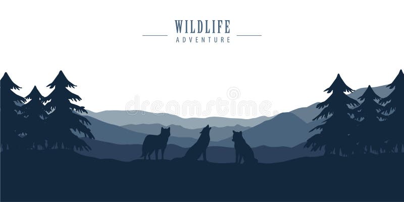 Wolf Pack on Blue Forest Landscape with Mountain View Stock Vector ...