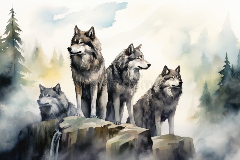 Wolf Pack in Forest Landscape Watercolor AI Generated Stock Image ...