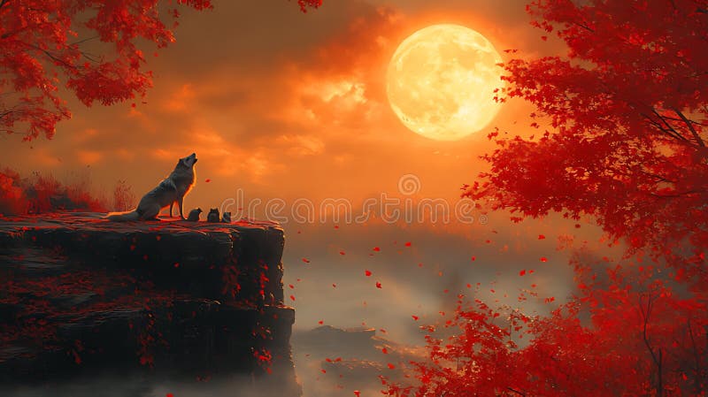 Wolf Pack Howling Autumn Moonlit Clifftop Stock Illustration ...