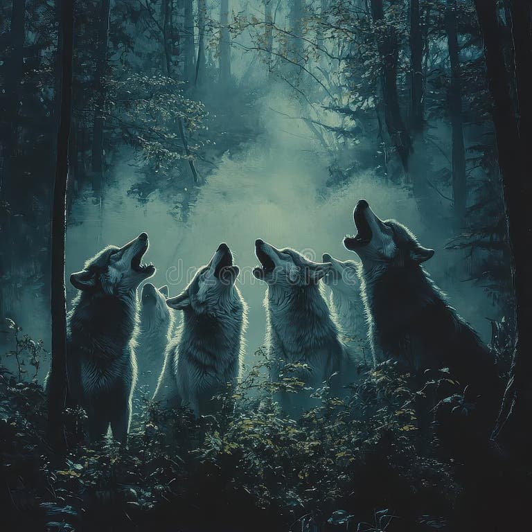 Wolf Pack Howling in Misty Forest Stock Illustration - Illustration of ...