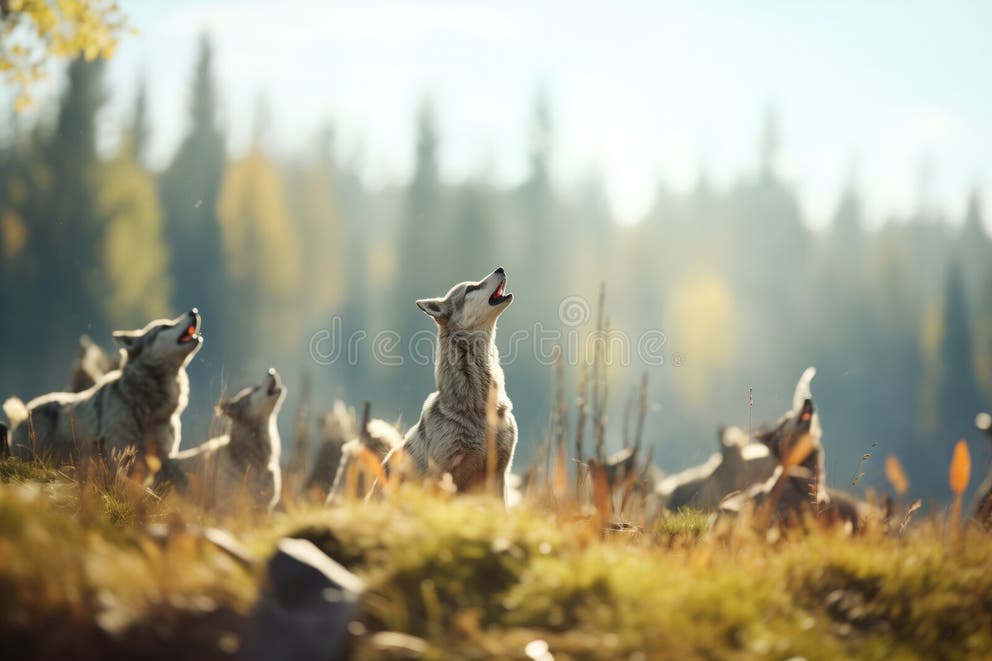 Wolf Pack Howling Together on a Forest Clearing Stock Image - Image of ...