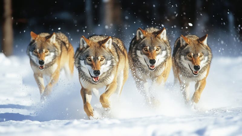 A Wolf Pack Hunting in Deep Snow, Emphasizing Adaptations Like Strong ...