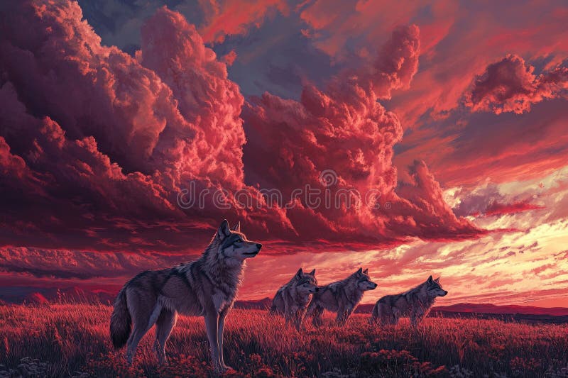 A Wolf Pack Hunting a Sky of Crimson Clouds Stock Image - Image of ...