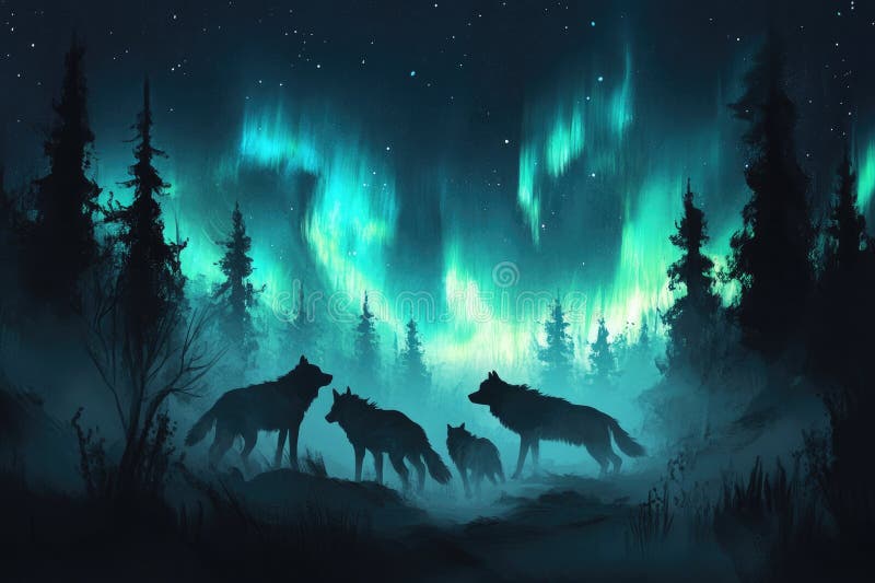 A Wolf Hunting Under a Sky of Shifting Northern Lights Stock ...