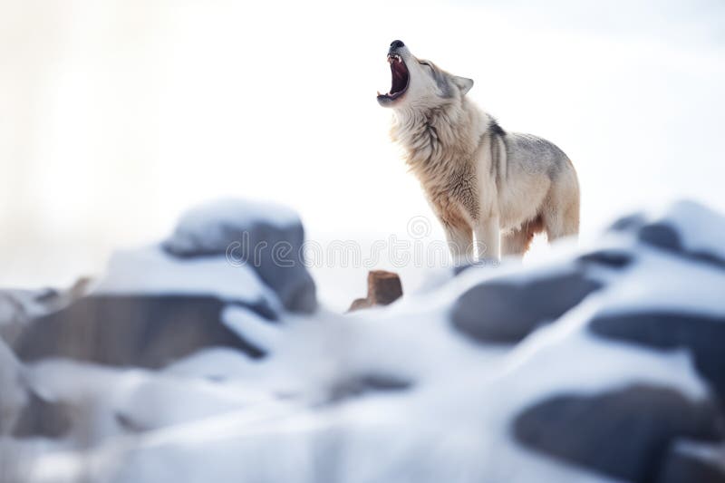 Wolf Pack Leader Howling on a Boulder Surrounded by Snow Stock Image ...