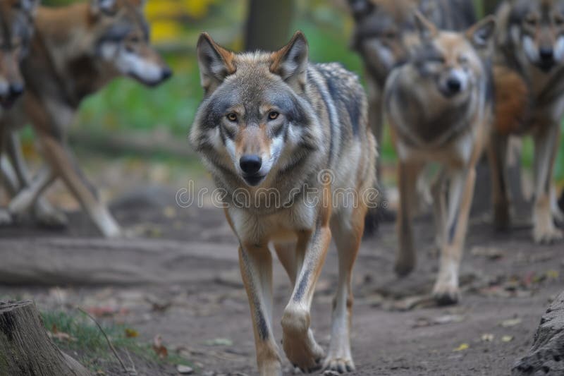 Wolf Pack Moving Past, One Looking Curiously at Camera Stock Photo ...