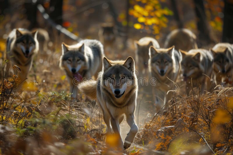 Wolf Pack Moving Stealthily through Underbrush Stock Image - Image of ...